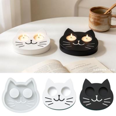 China Cat Head Double Hole Candlestick Silicone Mold DIY Cat Aromatherapy Gypsum Tea Wax Base Pendant Mold for sale