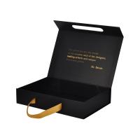 China Black Magnetic Folding Paper Boxes Packaging Gift With Ribbon Handle for sale