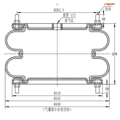 China Height 220mm Triple Convoluted Air Bags Replace Firestone W01R584064 W01-R58-4064 DUNLOP PNEURIDE 14'' 1/2 X 2 for sale