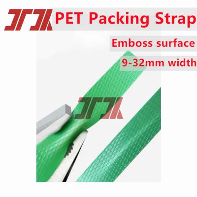 China Green Embossed PET Polyester Pallet Strapping Belt 16mm x 0.80mm High Tensile Strength for Cargo Packing for sale