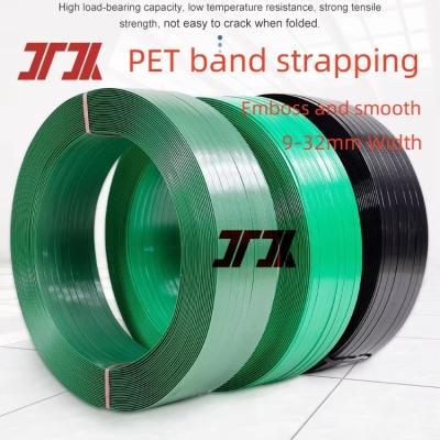 China Green Embossed PET Polyester Strapping 16mm x 0.7mm 450kg Pull for Heavy Cargo Packing for sale