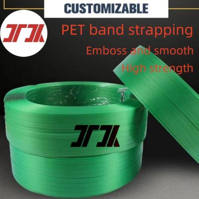China PET Strapping 9-32mm Width 0.4-1.2mm Thickness 250-1200kg Tensile Strength for Pallet Brick Packing for sale