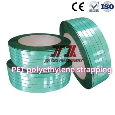 China Green Virgin Material PET Strapping for Brick Pallet Packing 9-25mm Width 350-950kgf Tension for sale