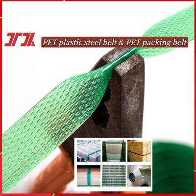 China Green PET Plastic Steel Belt 9-32mm Heavy Duty Strapping for Brick Factory Bundling 150-1000KG for sale