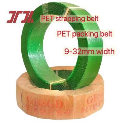 China Polyethylene Green Polyester Strapping Belt 9-25mm Width 150-1100kg Pull Force for Industrial Packaging for sale