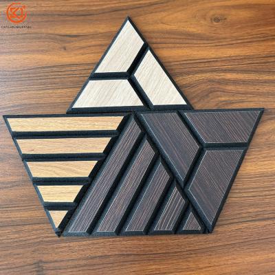 China PVC wood-grain veneer V-shaped grooved Triangle sound-absorbing wall panel Customized graphics for sale