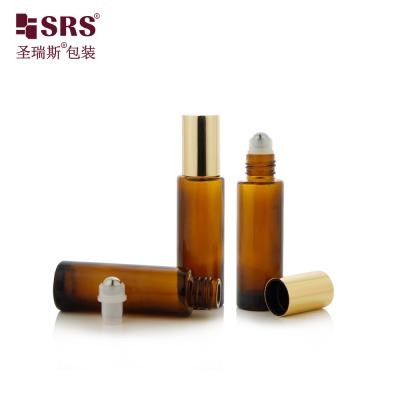 China BLPM-15ML Amber Glass Roll‑on Bottle Gold Metal Cap 304 Stainless Steel Roller Ball Essential Oil Perfume Cosmetic Packaging for sale