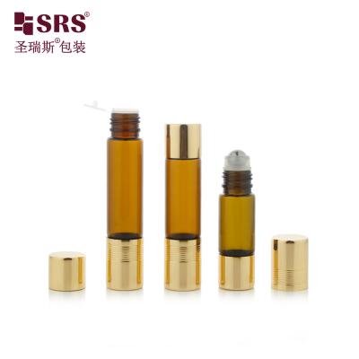 China 15ml 6ml 8ml 10ml Amber Light Proof Glass Roll on Bottle with Gold Cap 304 Stainless Ball for Essential Oil Perfume for sale
