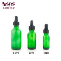China BOS002-15ml 30ml 50ml Bulk Green Boston Round Glass Dropper Bottles With Black Cap For Essential Oil Serum Cosmetic Packaging for sale