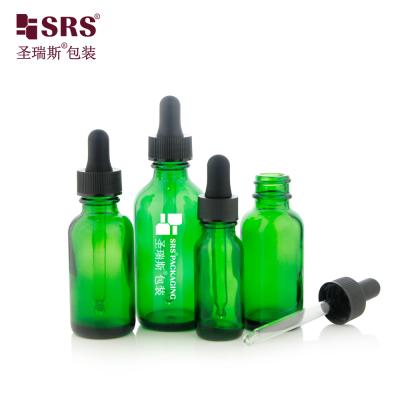 China BOS002-15ml 30ml 50ml Bulk Green Boston Round Glass Dropper Bottles With Black Cap For Essential Oil Serum Cosmetic Packaging for sale