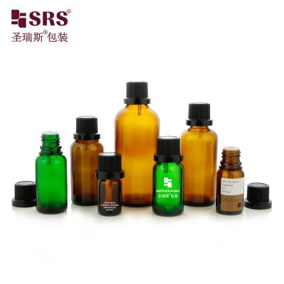 China Amber & Green Empty Glass Essential Oil Bottle Tamper Evident Cap Cosmetic Serum Storage Vial for sale