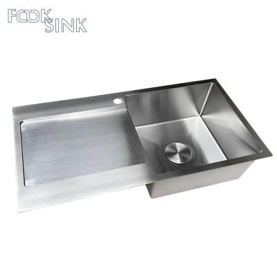 China Latest Invention Above Counter Stainless Steel 304 Double Bowl Kitchen Sink With Drainboard for sale