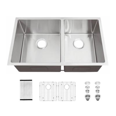 China 16/18Gauge Stainless Steel Workstation Kitchen Sinks Sus304 Brushed Finish 32x19inch Double Bowl Sink For Kitchen Hotel for sale
