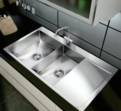 China Topmount Stainless Steel Double Bowl Kitchen Sink With Drainboard for sale
