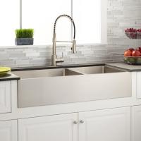 China Handmade Front Apron Stainless Steel Kitchen Sink Two Holes for sale