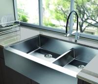 China Handmade Front Apron Stainless Steel Kitchen Sink Two Holes for sale