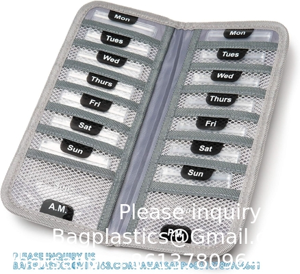 China Pill Organizer + Supplement Case For OTC Medicine, Prescription + Vitamins - 14 Labeled Monday-Sunday Pouches