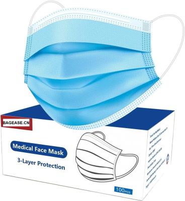 China Disposable 3-Ply Face Mask 100 Pack Blue Non-Woven Fabric with Elastic Ear Loops for sale