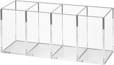 China Acrylic Pen Holder 4 Compartments Clear Desk Organizer for Office Supplies 8.9x3x3.9 Inches for sale
