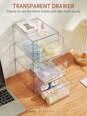 China Stackable Acrylic Makeup Organizer Drawers 3-Pack 4.4 Inch Tall PET Cosmetic Storage Box for Vanity for sale