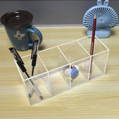 China Clear Acrylic Pen Holder 4 Compartments 10.5 Inch Desk Organizer Pencil Cup for sale