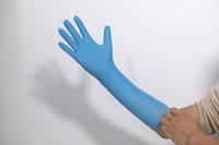 China Sky Blue Disposable Nitrile Gloves Powder Free Long Sleeve Non Sterile 100 Pcs per Bag for sale
