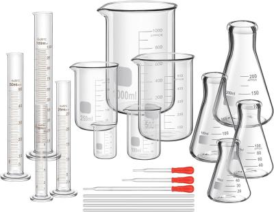 China Borosilicate Glass Lab Glassware Set 20 Pieces Beakers Cylinders Droppers Stirring Rods Measuring Cups 50-1000ml for sale