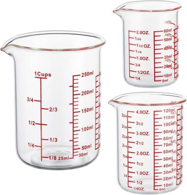 China Borosilicate Glass Measuring Cup Set 60ml 120ml 250ml V-Shaped Spout Beaker for sale