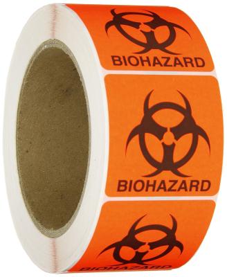China Biohazard Safety Labels 2x2 Inch Adhesive Stickers 500 per Roll for Labs Hospitals Industrial Use for sale