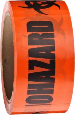 China Biohazard Warning Tape 2in x 55yd Fluorescent Red Orange PVC Film 3in Core for sale