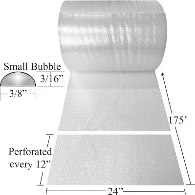 China Clear Bubble Cushioning Wrap 24in x 175ft 3/16in Small Bubbles Perforated Every 12in for sale