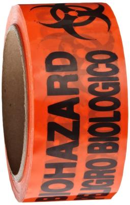 China Biohazard Warning Tape 2in x 55yd Fluorescent Red Orange Bilingual Black Imprint for sale