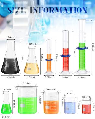 China Borosilicate Glass Lab Glassware Set 18 Pieces Beakers Flasks Cylinders 50-500ml for sale