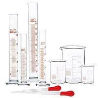 China Borosilicate Glass Graduated Cylinder Set 10ml 25ml 50ml 100ml with Beakers 50ml 100ml 250ml and 2 Droppers for sale