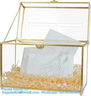 China Glass Wedding Card Box with Slot 10x5.7x7.8in Gold Brass Gift Card Storage for sale