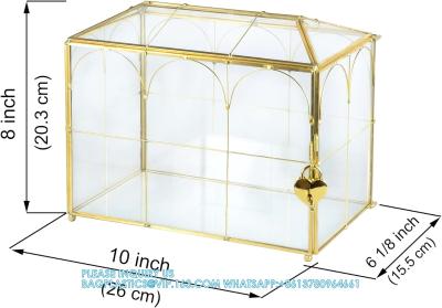 China Gold Glass Wedding Card Box 10.2 Inch Clear Card Storage with Lock and Slot for 150 Cards for sale