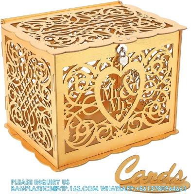 China Large Rustic Wood Wedding Money Box Holder with Lock Slot 12x8.5x8.2 Inches Holds 255 Cards for sale
