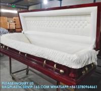 China Walnut Veneer MDF Casket 83x28x23.5 Inch High Gloss Cherry Finish White Velvet Interior for sale