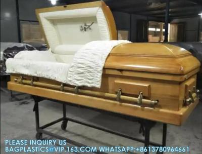 China Solid Mahogany Wood Funeral Casket 83 Inch with Almond Velvet Interior for Burial for sale