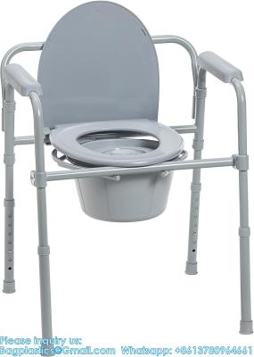 China Folding Steel Bedside Commode Chair 350 Lbs Capacity Portable Toilet with 7.5 Qt Bucket 13.5 Inch Seat for sale