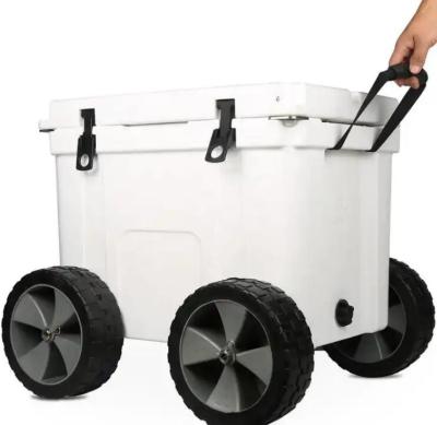 China Heavy Duty 78L Rotomolded Plastic Trolley Ice Storage Box with PU Insulation for sale