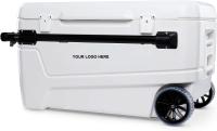 China 55 Quart Wheeled Cooler Box with Foam Insulation and Foldable Backrest Seat 4 Wheels for sale