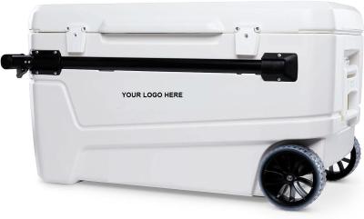China 55 Quart Wheeled Cooler Box with Foam Insulation and Foldable Backrest Seat 4 Wheels for sale