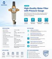 China BriskSpring Whole House Manual Flush Water Filter With 40 Micron Stainless Steel Mesh Integrated Pressure Gauge and Premium H59-1 Brass Connector for sale
