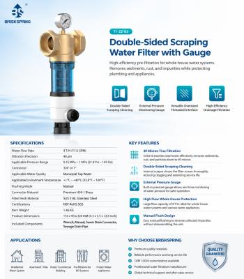 China Whole House Water Pre Filter with 40 Micron Filtration Double-Sided Scraping and Pressure Gauge for sale