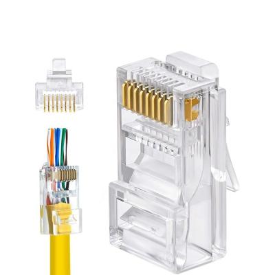 China 24 AWG RJ45 Pass Through Connector Gold Plated 50μ for Cat5e Cat6 Network Cable Assembly for sale