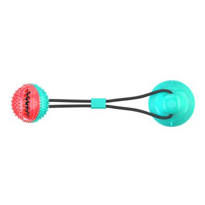 China Multifunction Interactive Double Teeth-cleaning Suction Cup Self-playing Food Dispensing Rubber Ball Chew Dog Tug Rope Toy for sale
