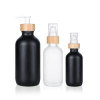 China Black Matte Bamboo Wood Cover Glass Bottle 30ml60ml90ml120ml240ml480ml Body Lotion Hand Sanitizer Bottle Press Pump cap for sale