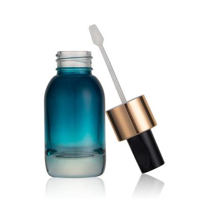 China New thick bottom30ml 50ml skin care essence flat shoulder glass bottles cylindrical gradient color essential oil dropper for sale