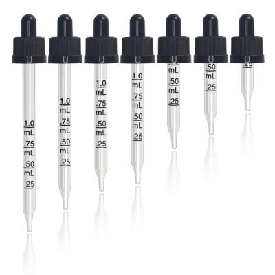 China Black plastic ribbed skirt dropper assembly with rubber bulb and straight tip laser etched glass pipette for sale